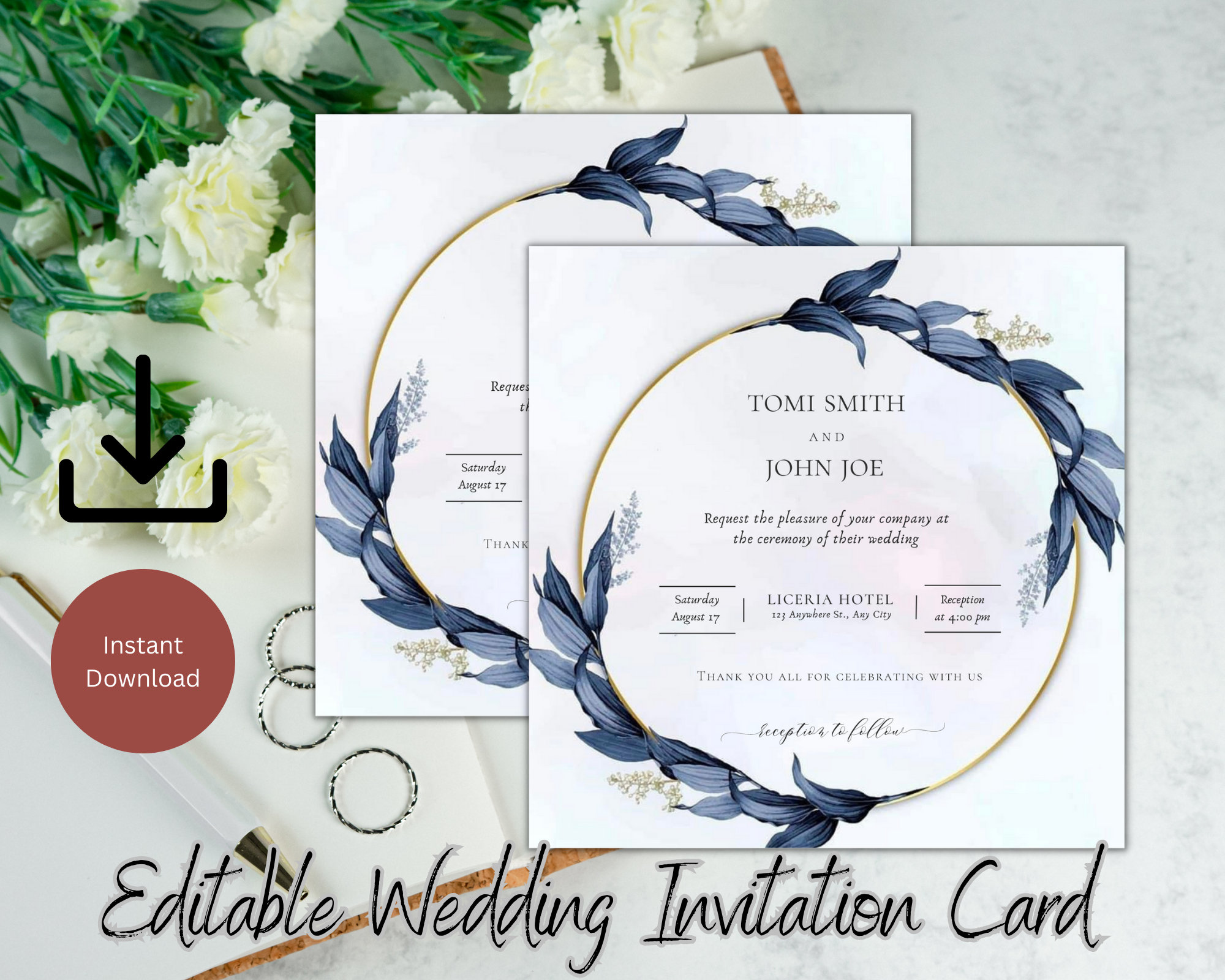 Gold Blue Luxury Wedding Invitation (square), Navy Blue Invitation ...