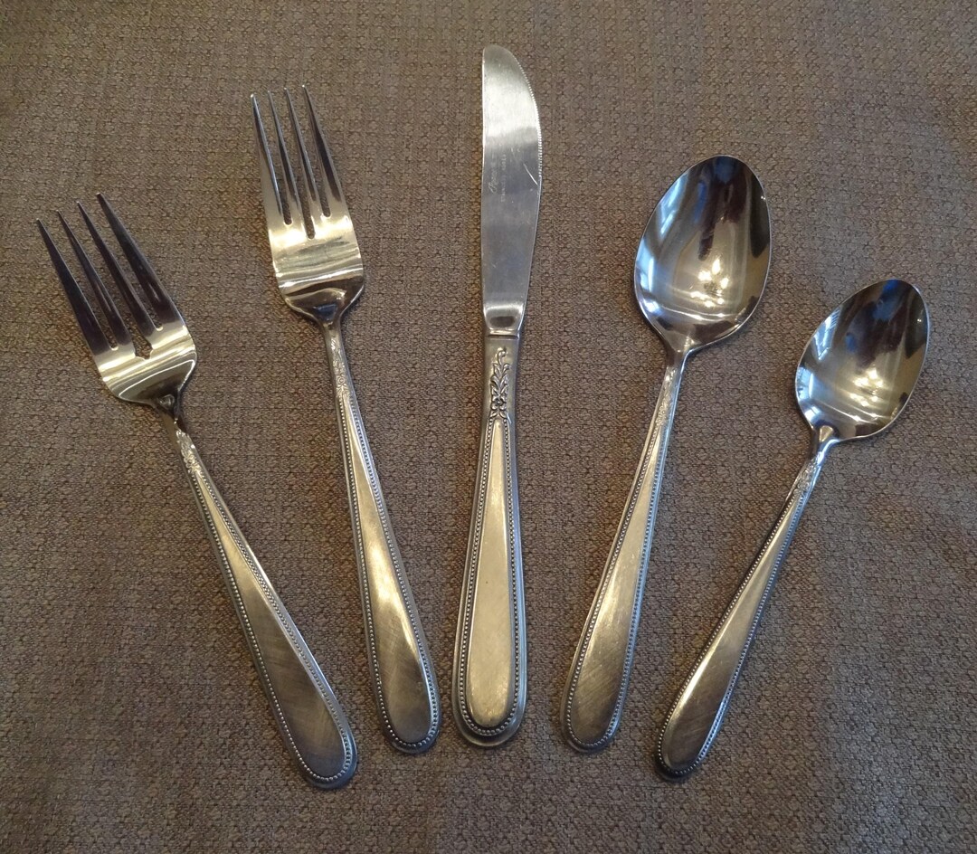 Table Setting of Beaded Elegance Flatware by Stanley Roberts. Set Includes Dinner Knife, Dinner ...