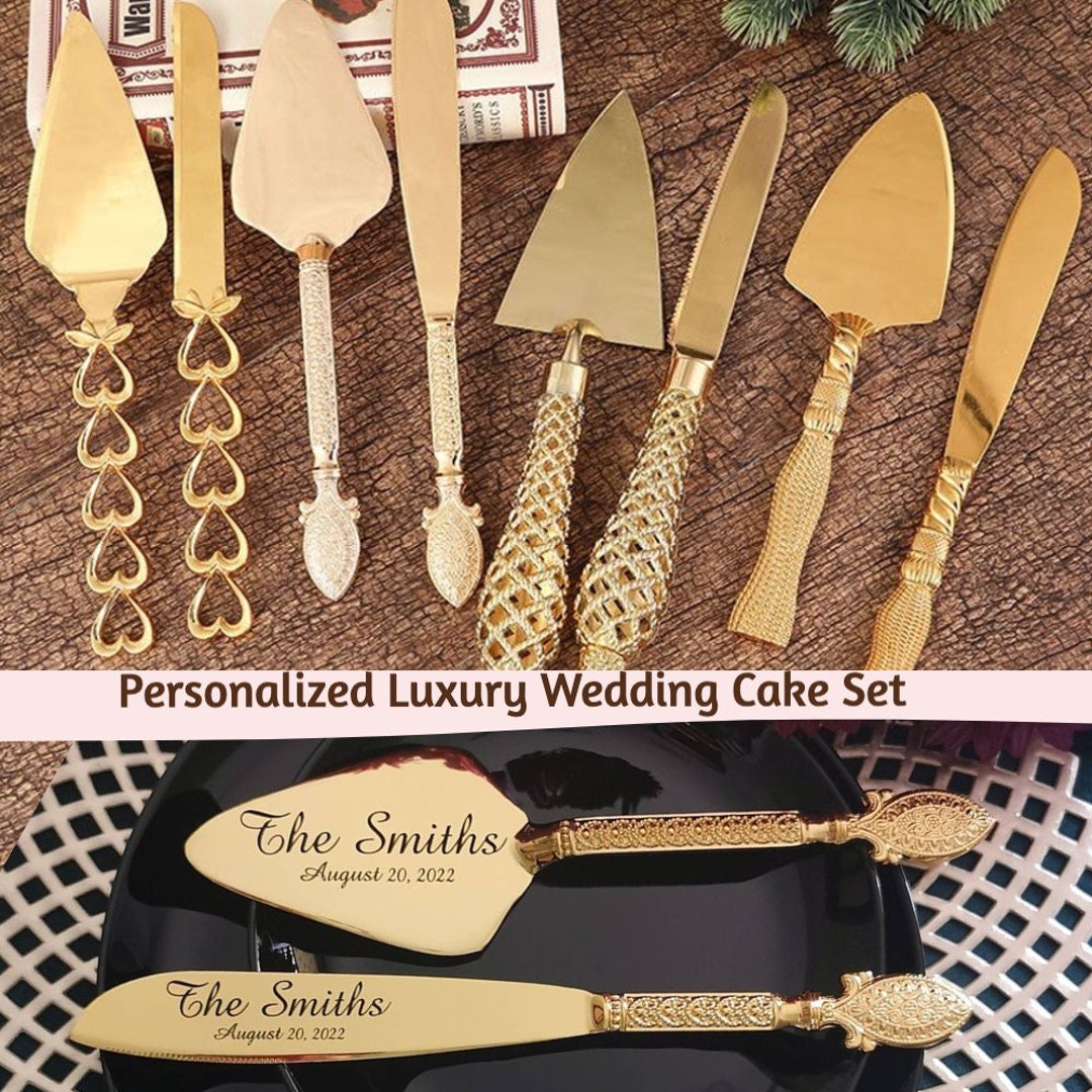 Luxury Golden Custom Wedding Cake Knife Set | Personalized Engraved ...