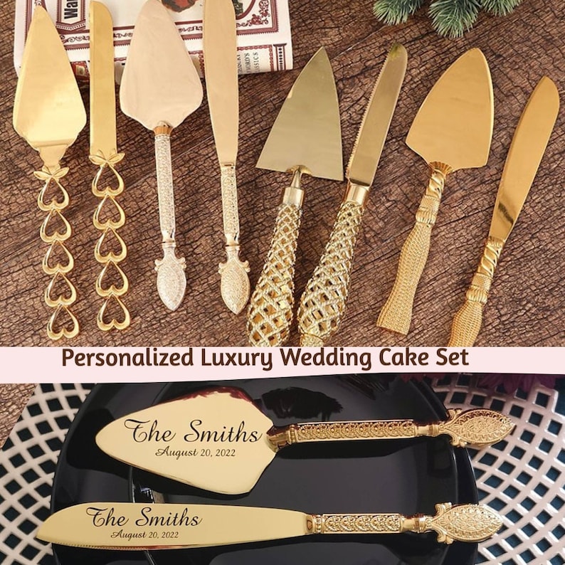 Luxury Golden Custom Wedding Cake Knife Set Personalized - Etsy