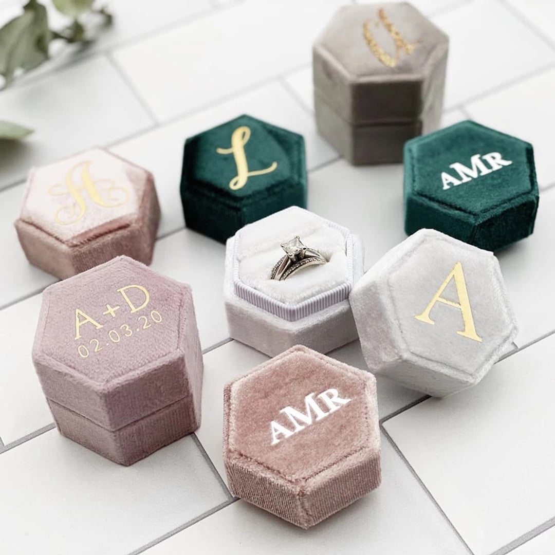 Customized Hexagonal Velvet Ring Box Custom Engagement Wedding Single ...