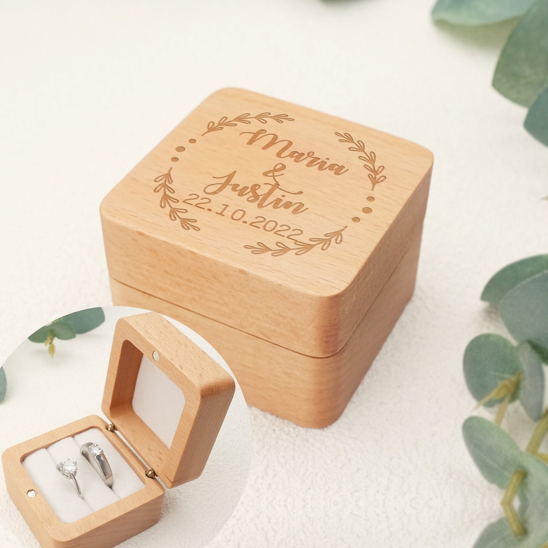 Personalized Engraved Wooden Ring Box Custom Engagement Wedding Double ...