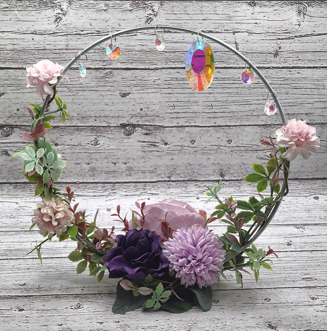 Beautiful Purple Flower Arrangement on Silver Hoop With Iridescent ...