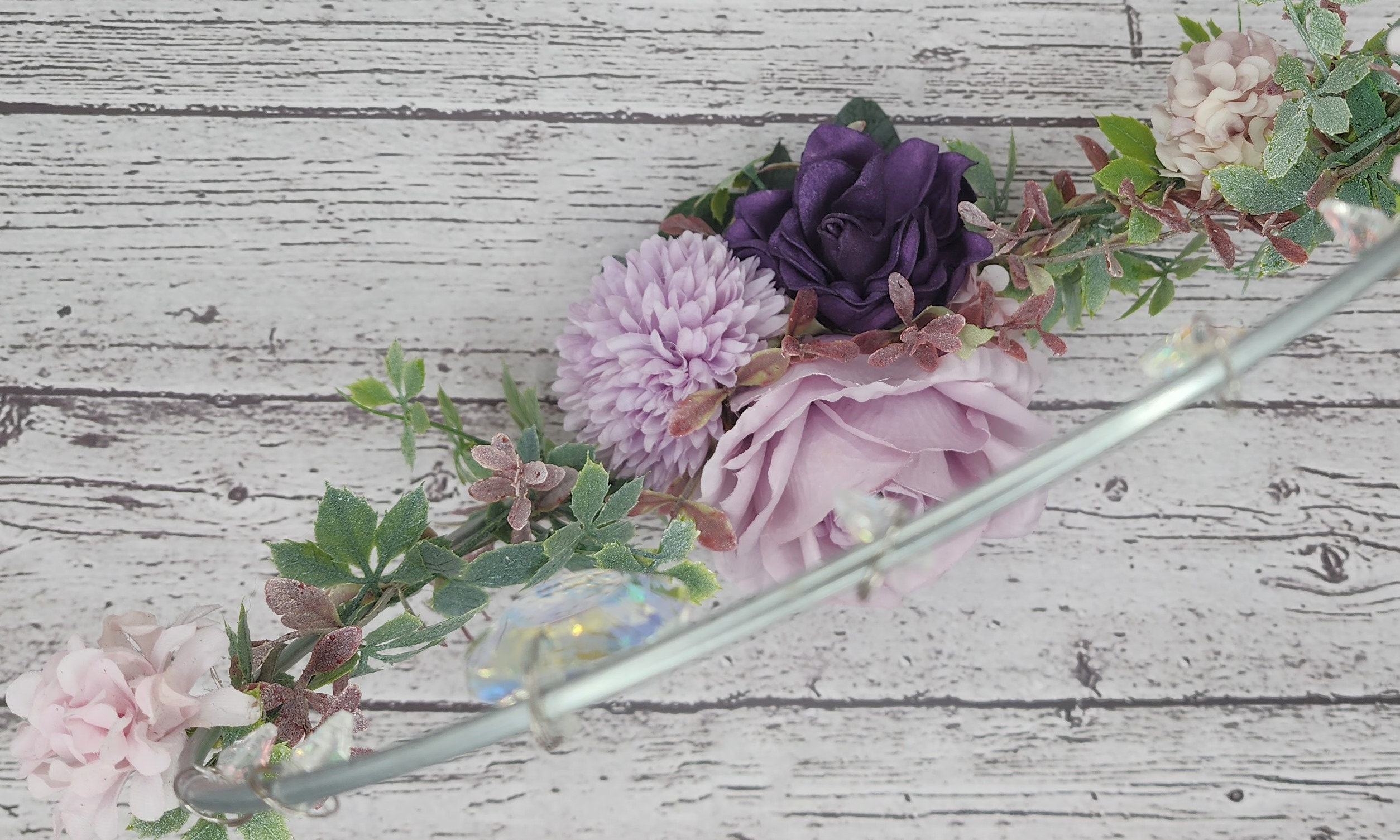 Beautiful Purple Flower Arrangement on Silver Hoop With Iridescent ...