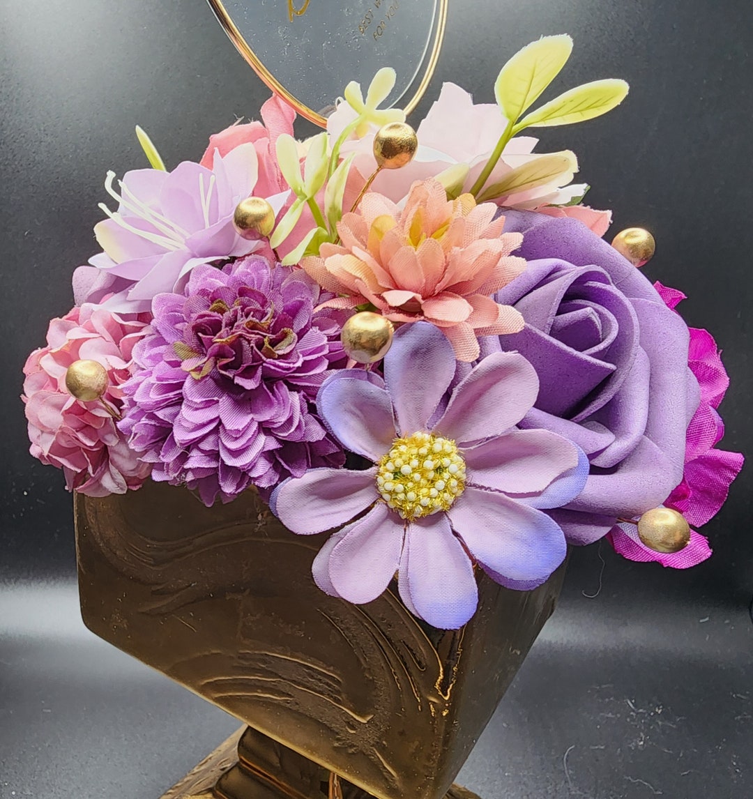 Purple Birthday Flower Bouquet: Gold Vase & 'happy Birthday' Sign - Etsy
