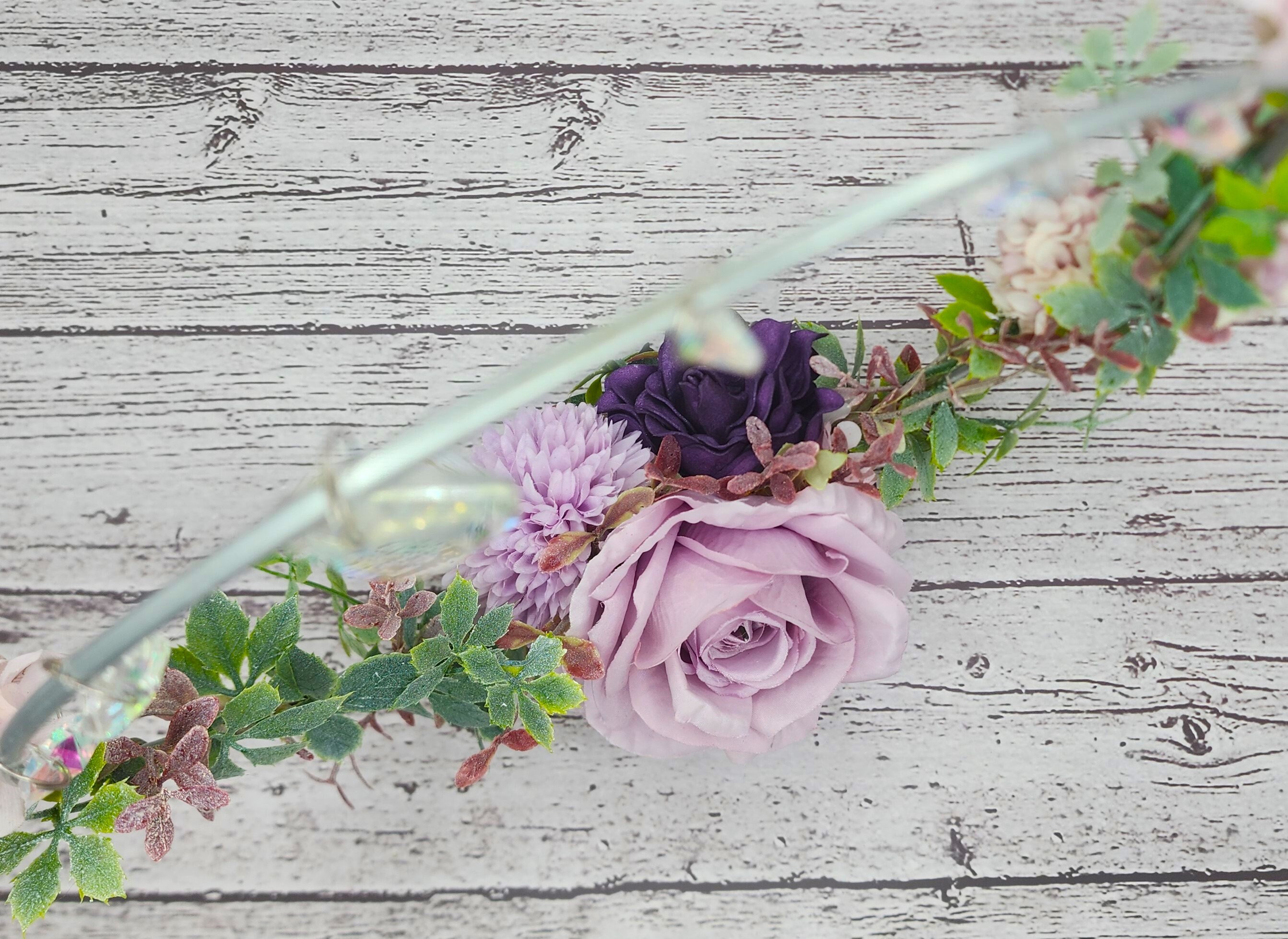 Beautiful Purple Flower Arrangement on Silver Hoop With Iridescent ...