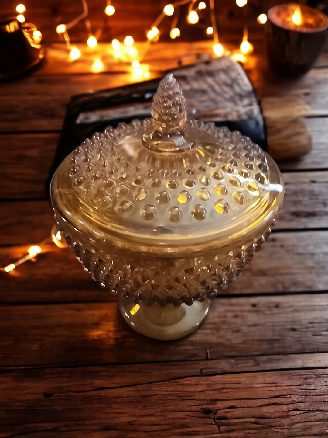 Elegant Vintage Amber Glass Hobnail Pedestal Dish With Lid Stunning ...