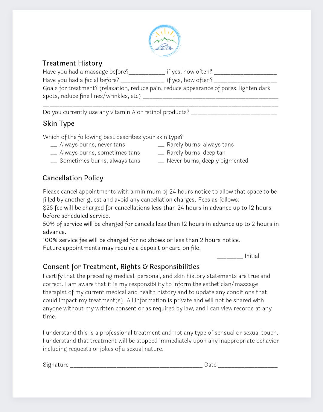 Massage and Skin Care Intake Form - Etsy