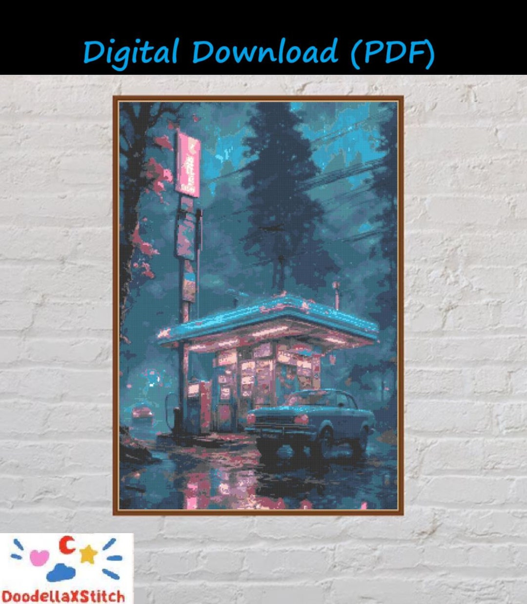 Neon Oasis Gas Station Landscape Beautiful Night Rain Cross Stitch ...