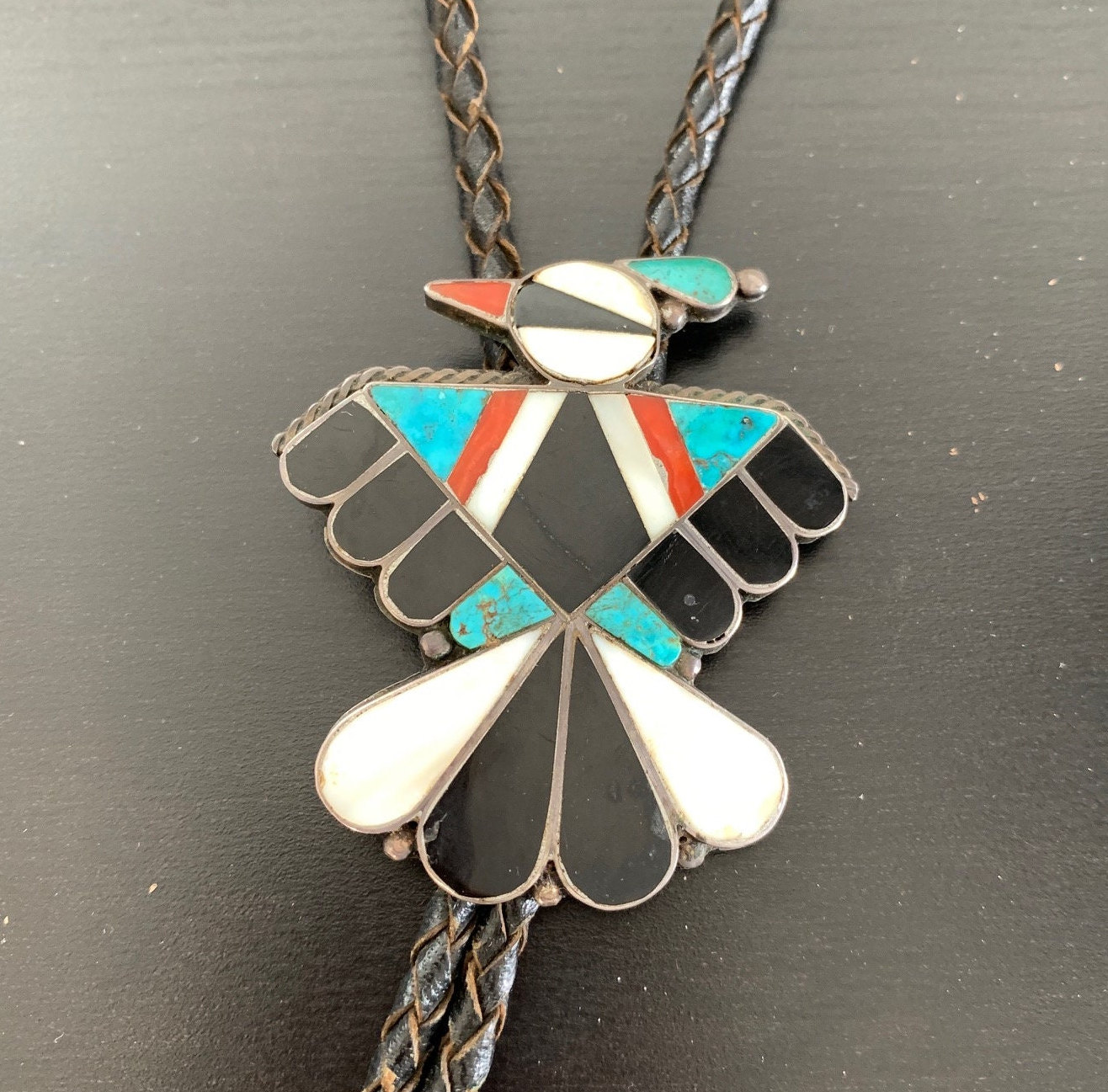Zuni Thunderbird Bolo Tie With Turquoise, Coral, and Mother-of-pearl ...