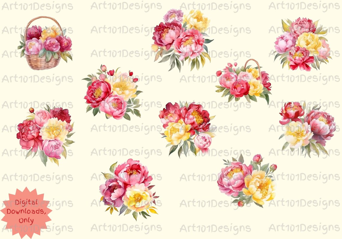 Watercolor Peony Clipart PNG – 50 Romantic Floral Flowers, 300 DPI ...