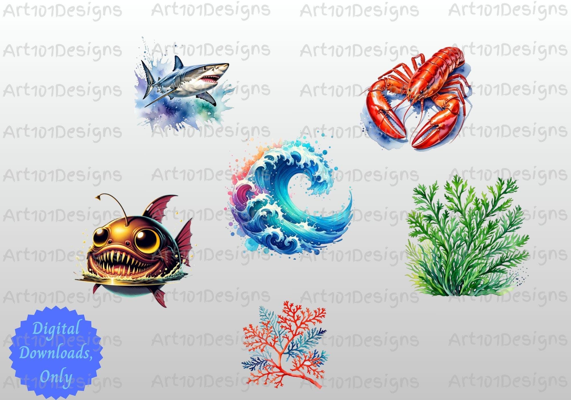 Sea Life Clipart Bundle Watercolor PNG | Ocean Animals Graphics | Under ...