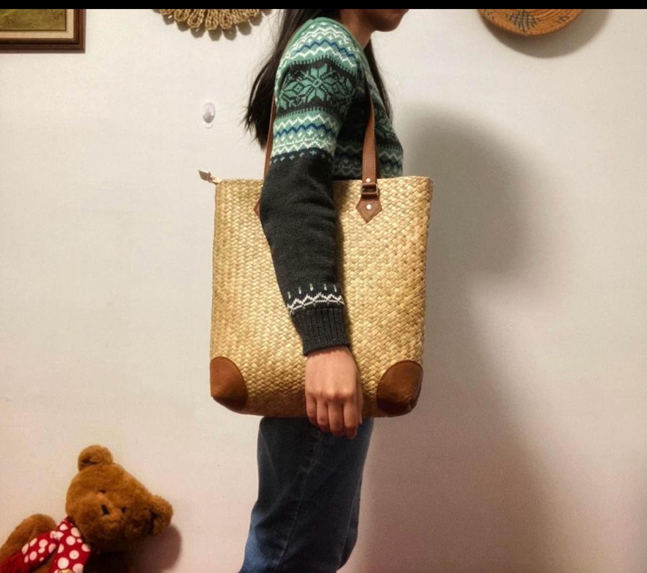 Straw Tote Bag Brown Strap - Etsy