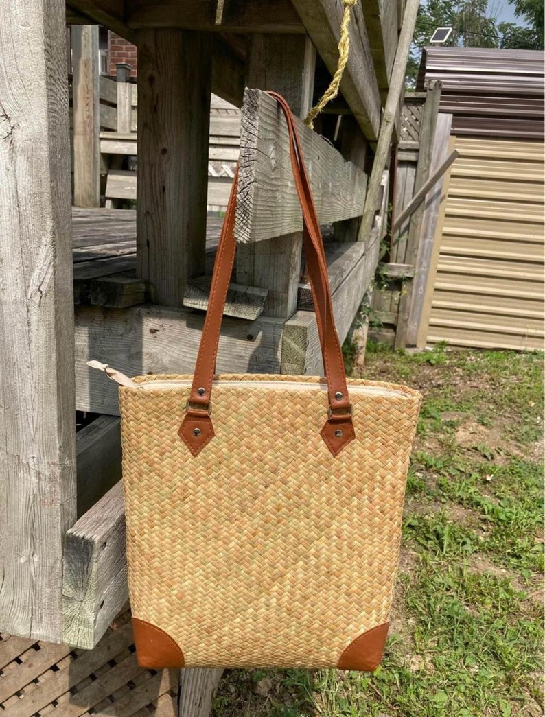Straw Tote Bag Brown Strap - Etsy