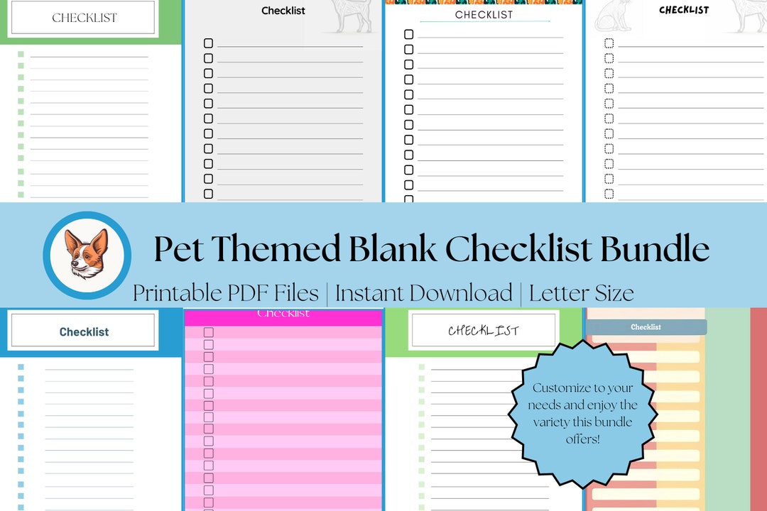 8 Pack Pet Themed Digital Download Blank Checklist Templates | Pet ...