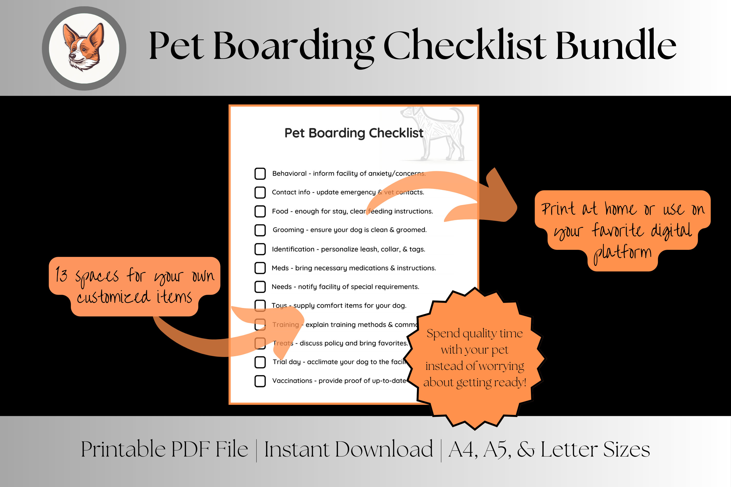 Printable Pet Boarding Checklist - Dog Boarding Essentials - Perfect ...