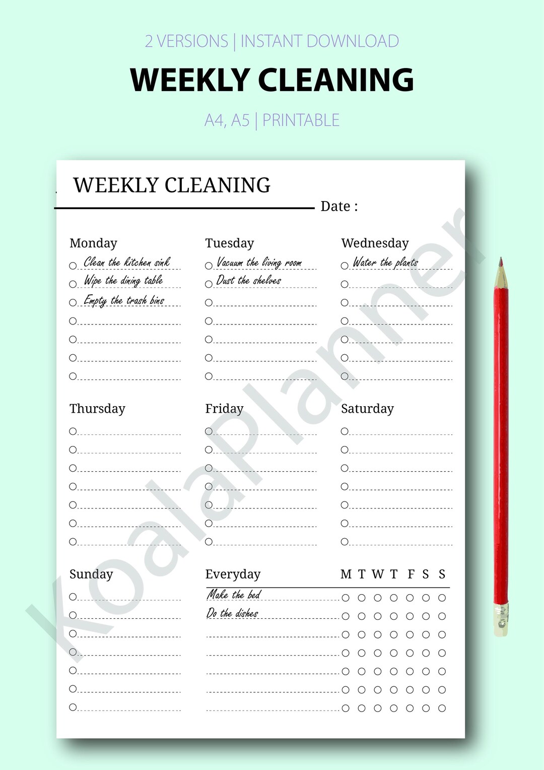 Weekly Cleaning / Printable House Cleaning Planner / Chore Tracker PDF ...
