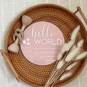 Hello World Birth Announcement Acrylic Baby Stats Sign Light Pink Baby ...