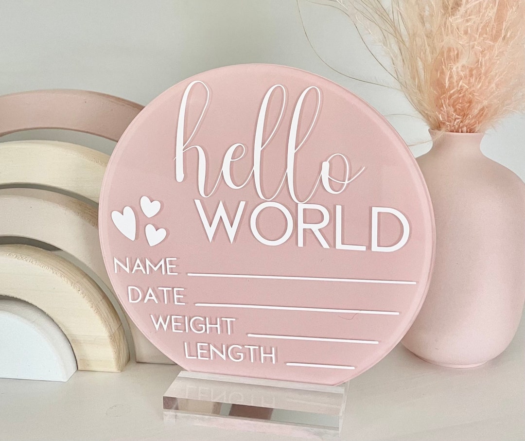 Hello World Birth Announcement Acrylic Baby Stats Sign Light Pink Baby ...