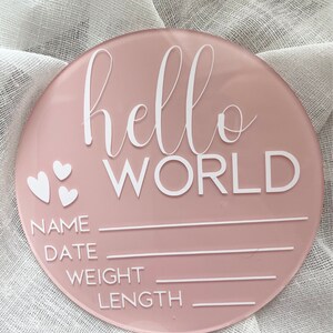 Hello World Birth Announcement Acrylic Baby Stats Sign Light Pink Baby ...