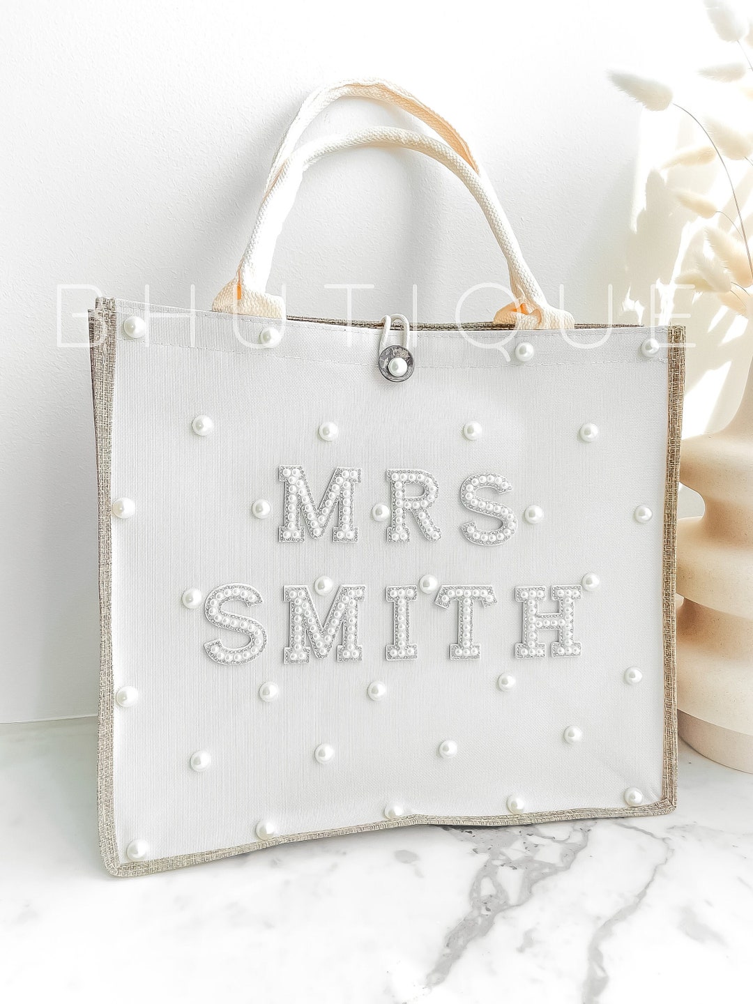 Custom MRS Bride Straw and Canvas Tote Bag With Pearls | Custom Beach ...