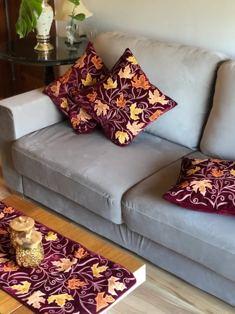 Maroon Velvet Table Runner and 4 Cushion Covers Set With Maple Leaf ...