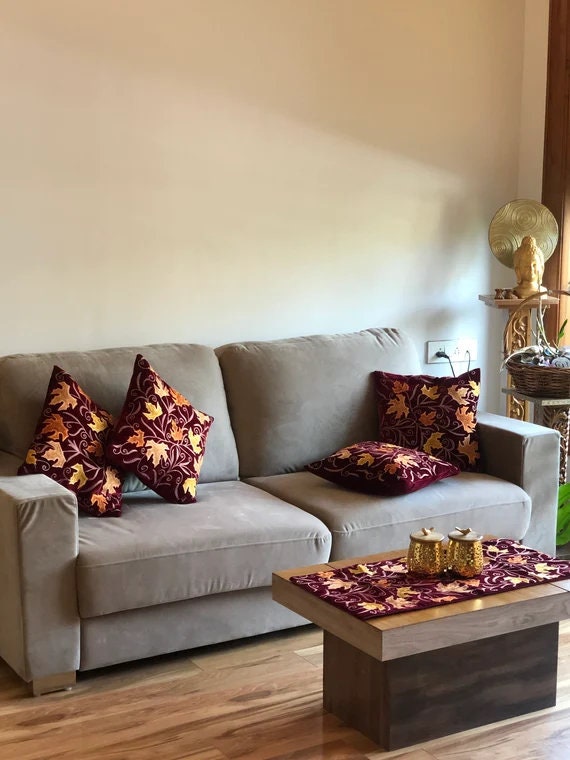 Maroon Velvet Table Runner and 4 Cushion Covers Set With Maple Leaf ...