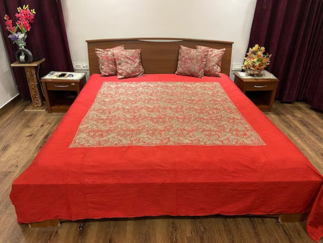 Red Raw Silk Bed Cover With Silk Thread Floral Embroidery, Beautiful ...