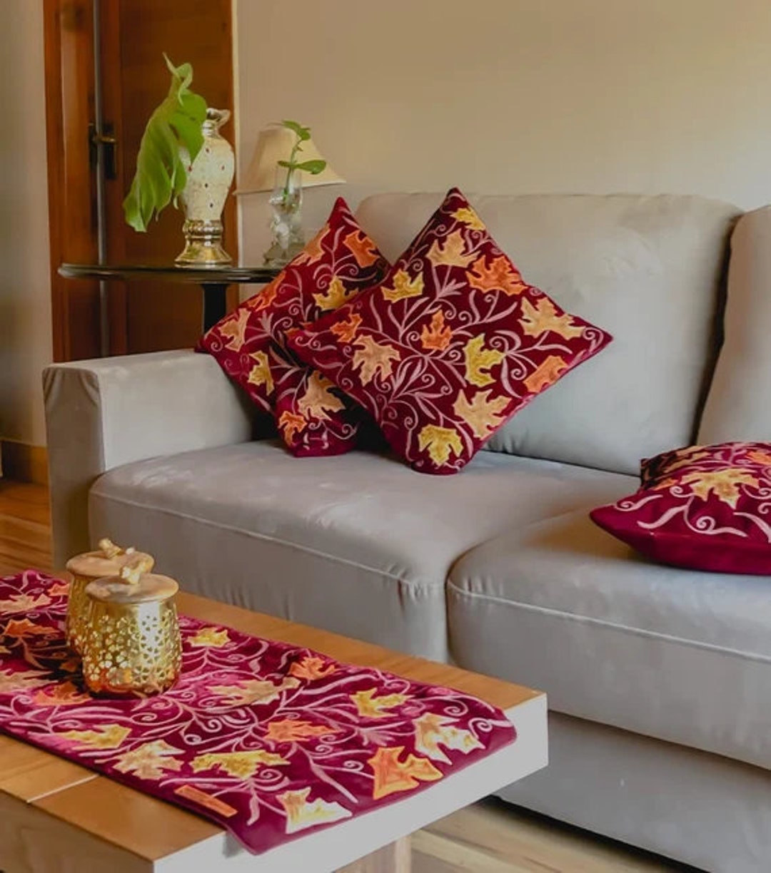 Maroon Velvet Table Runner and 4 Cushion Covers Set With Maple Leaf ...