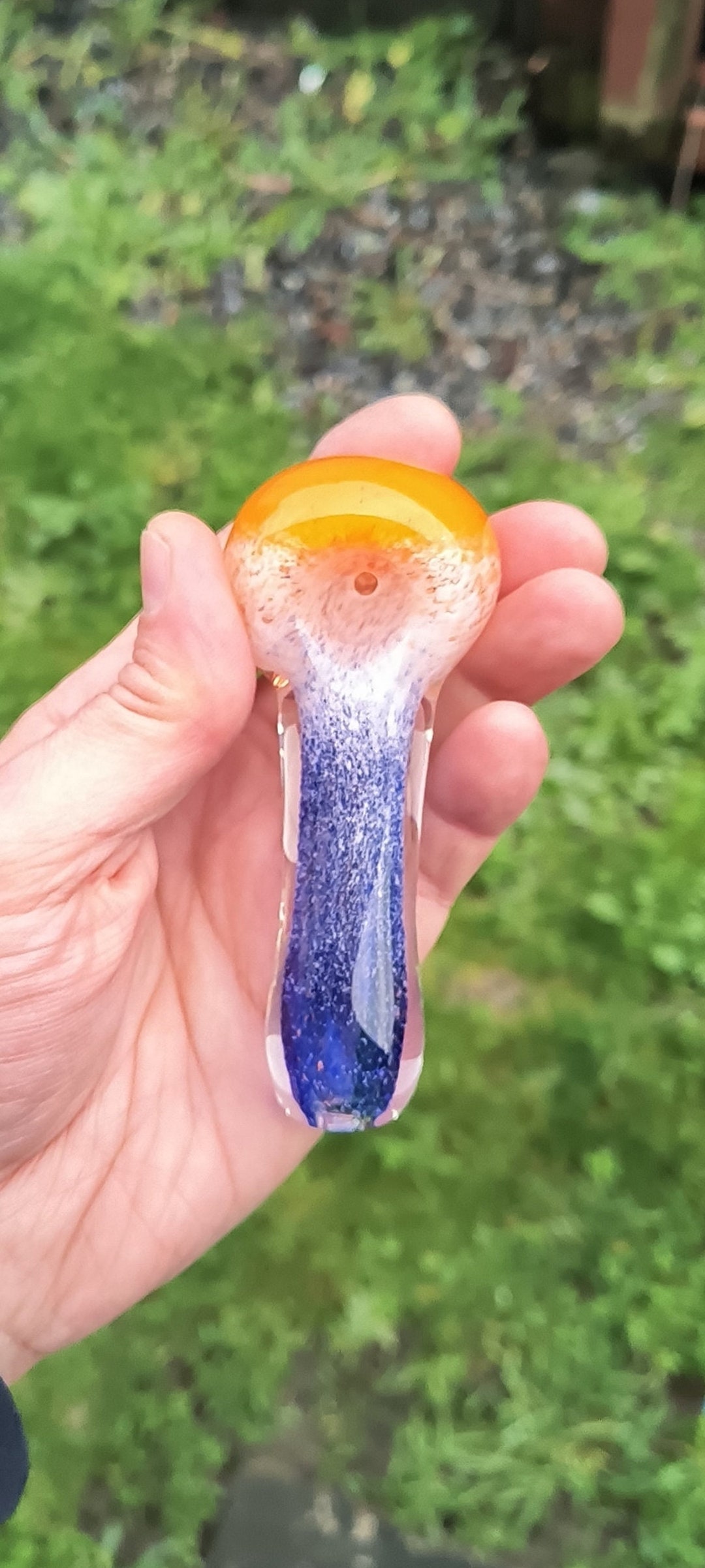 Handblown Thick Glass Spoon Pipe With Cobalt Blue, Orange Crayon and ...
