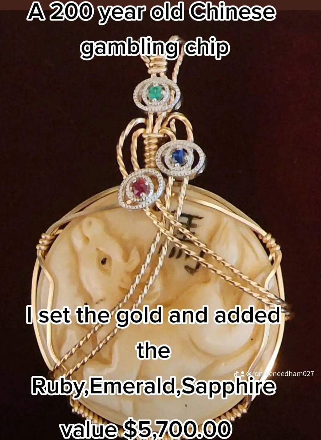 Statement Pendant 200-year-old Chinese Gambling Chip, 14k Gold Artist ...