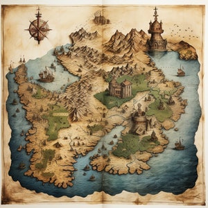 Vintage Fantasy World Map Print: Antique Style Game Room Decor (digital ...