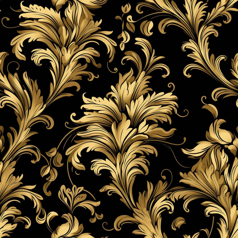 20 Digital Black and Gold Damask Patterns, Seamless Background, Instant ...
