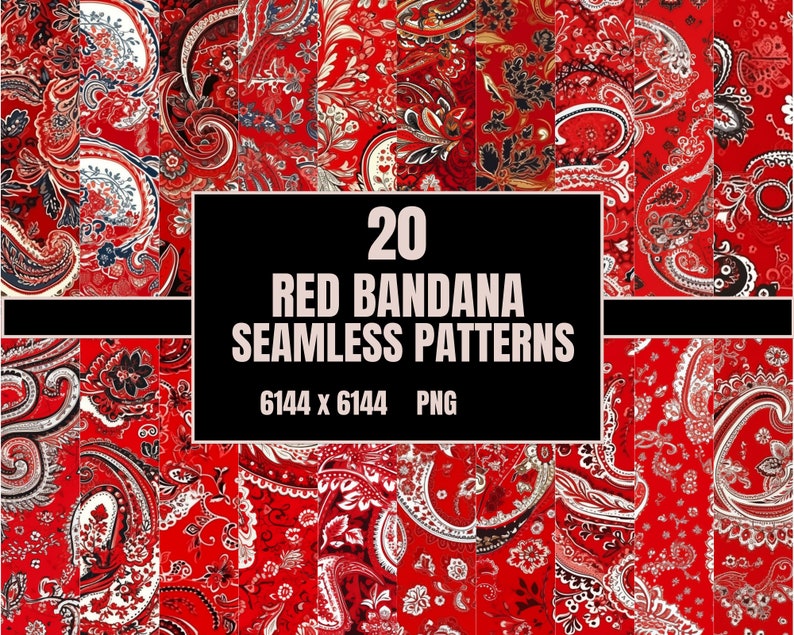 20 Red Bandana Paisley Seamless Patterns PNG - Digital Paper - Digital ...