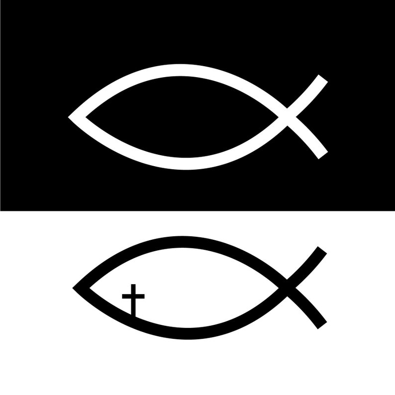 Black & White Christian Fish SVG, Outlined Fish With Cross, Jesus ...