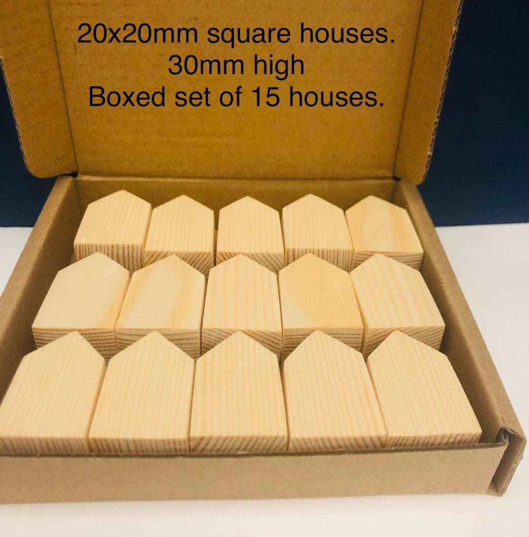 Set of 15 30mm High 20x20mm Square Wooden House in a Box, Craft ...