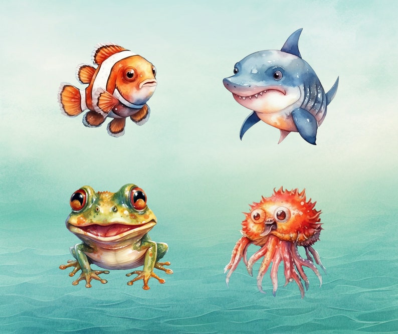 Cute Sea Animals Clipart, Watercolor Fish Under the Sea Clip Art ...