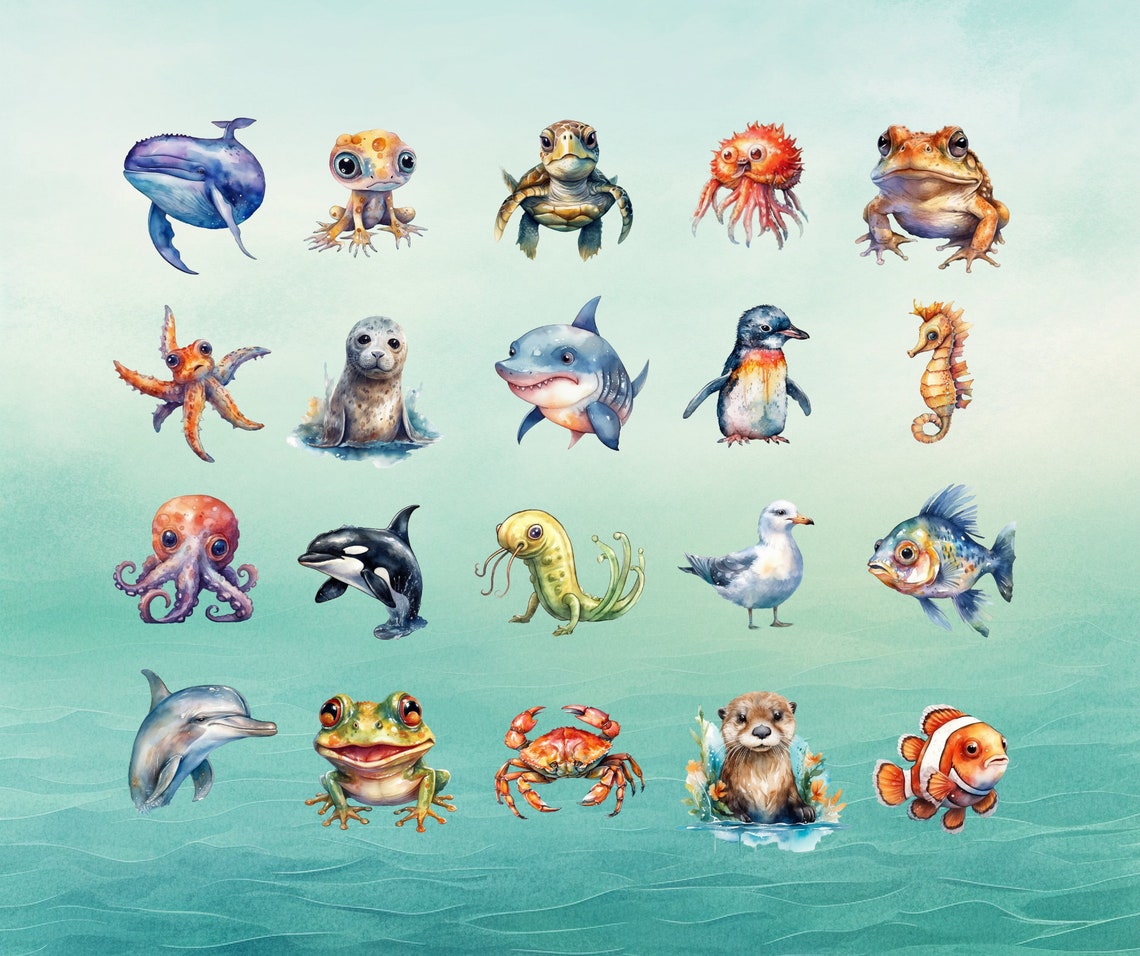 Cute Sea Animals Clipart, Watercolor Fish Under the Sea Clip Art ...