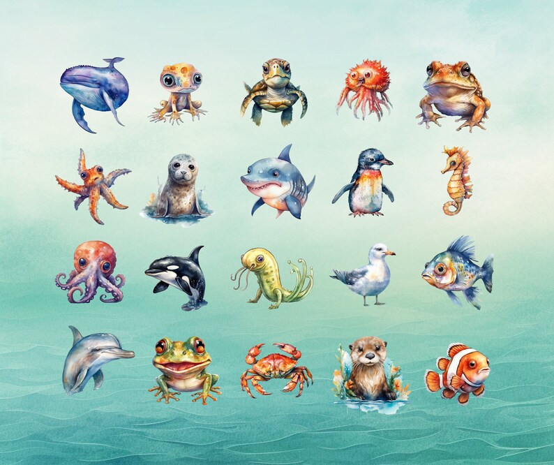 Cute Sea Animals Clipart, Watercolor Fish Under the Sea Clip Art ...