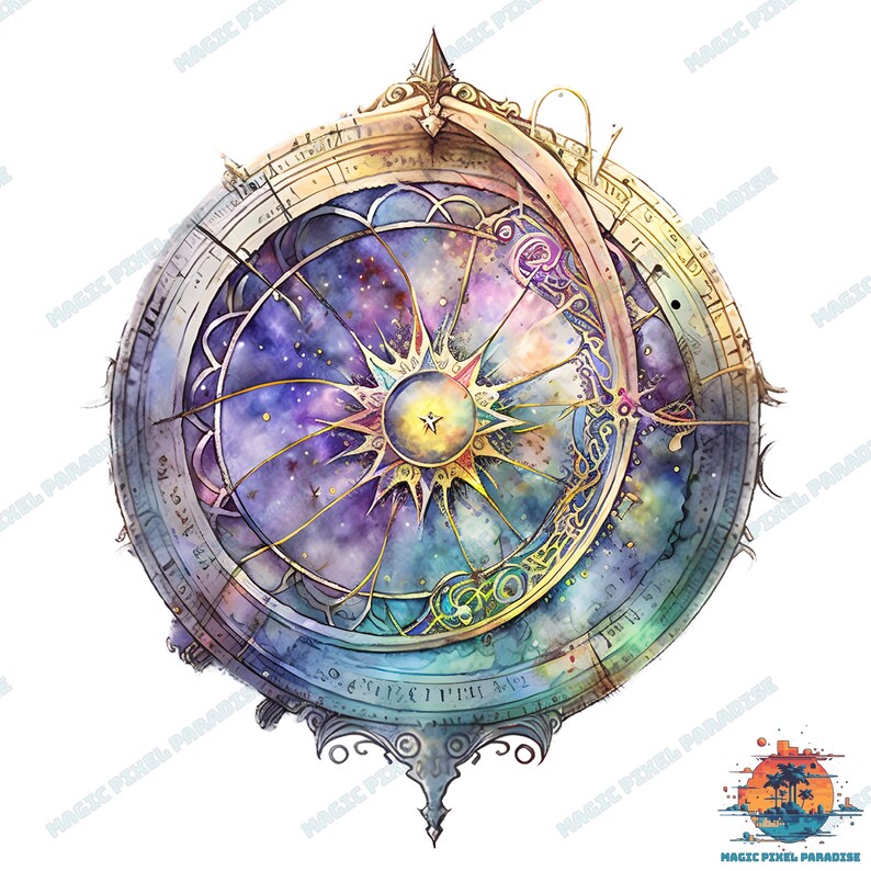 Watercolor Astrolabe Clipart | Fantasy Magic Celestial Watercolor | PNG Format | Instant ...