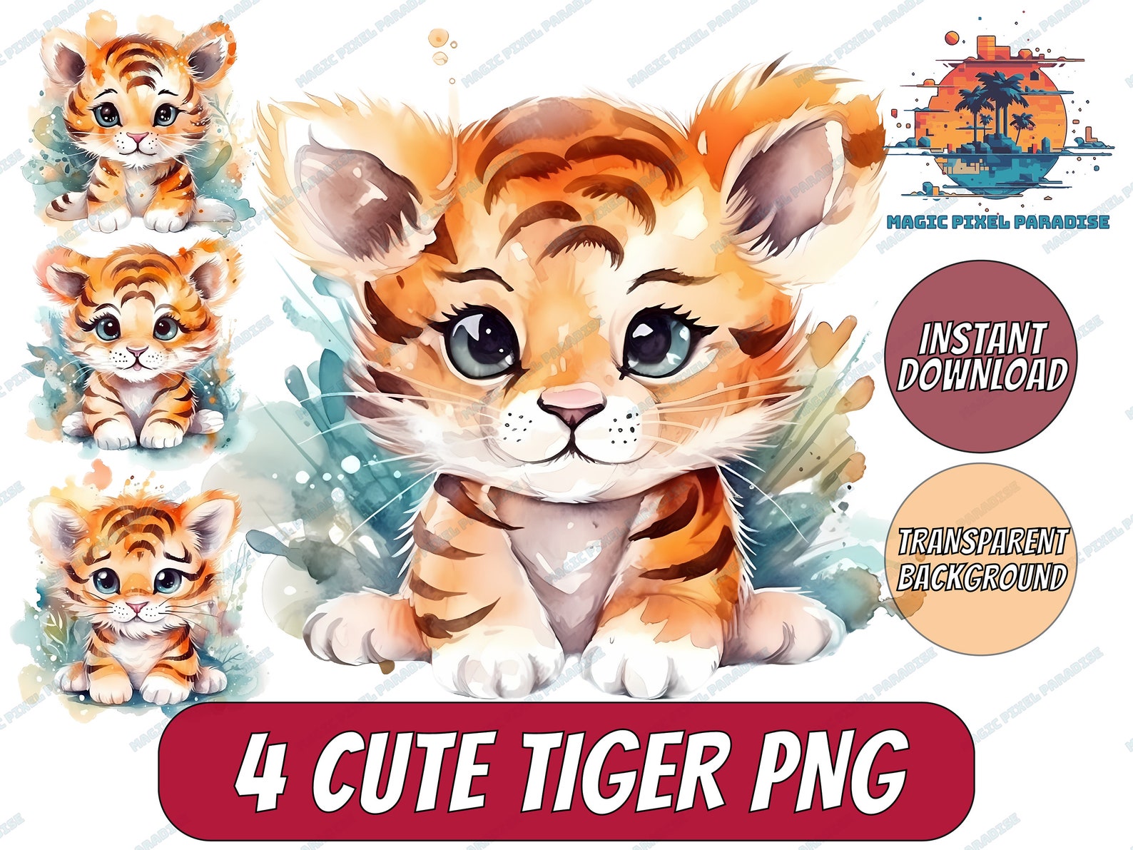 4 Cute Funny Baby Tigers PNG | Watercolor Tigers | Cute Animals PNG ...