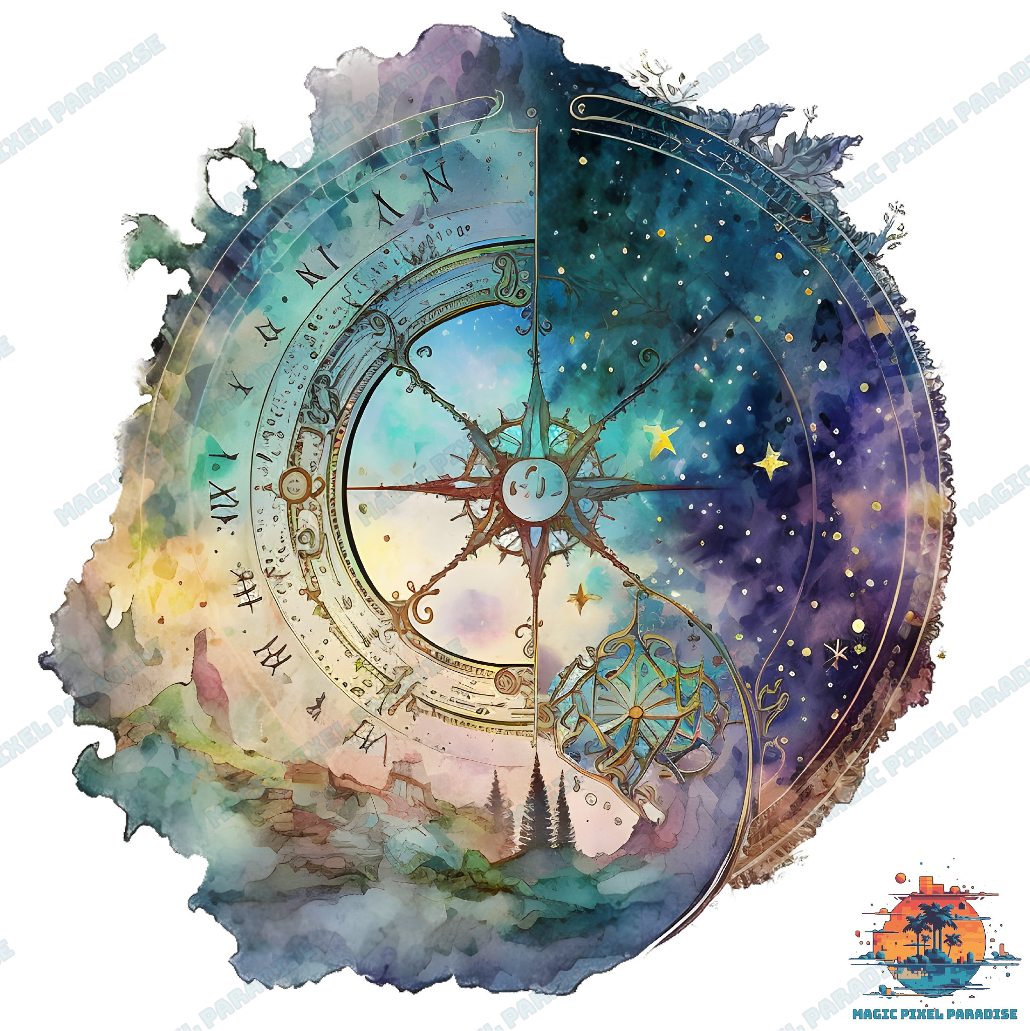Watercolor Astrolabe Clipart | Fantasy Magic Celestial Watercolor | PNG Format | Instant ...