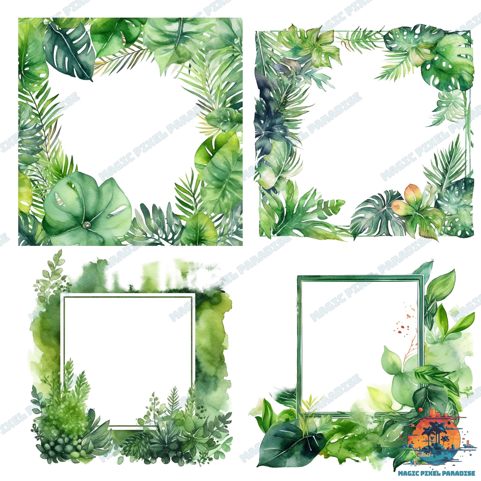Watercolor Greens Frames Borders | 40 Digital Greens Frame Clipart PNG ...