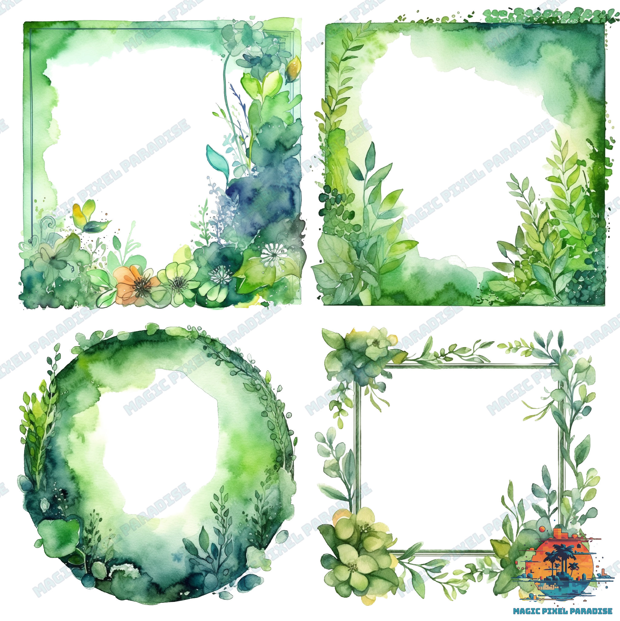 Watercolor Greens Frames Borders 40 Digital Greens Frame Clipart PNG ...