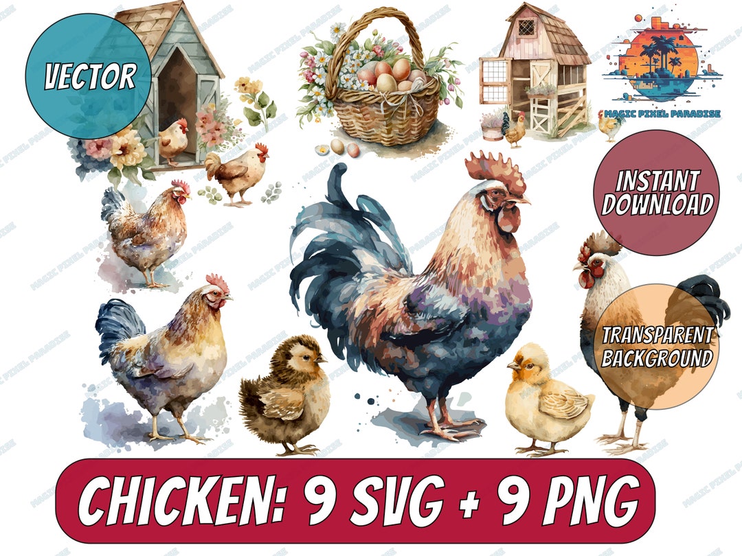 Watercolor Chicken Clipart SVG - Cute Chickens and Chicks, Farm Animal ...
