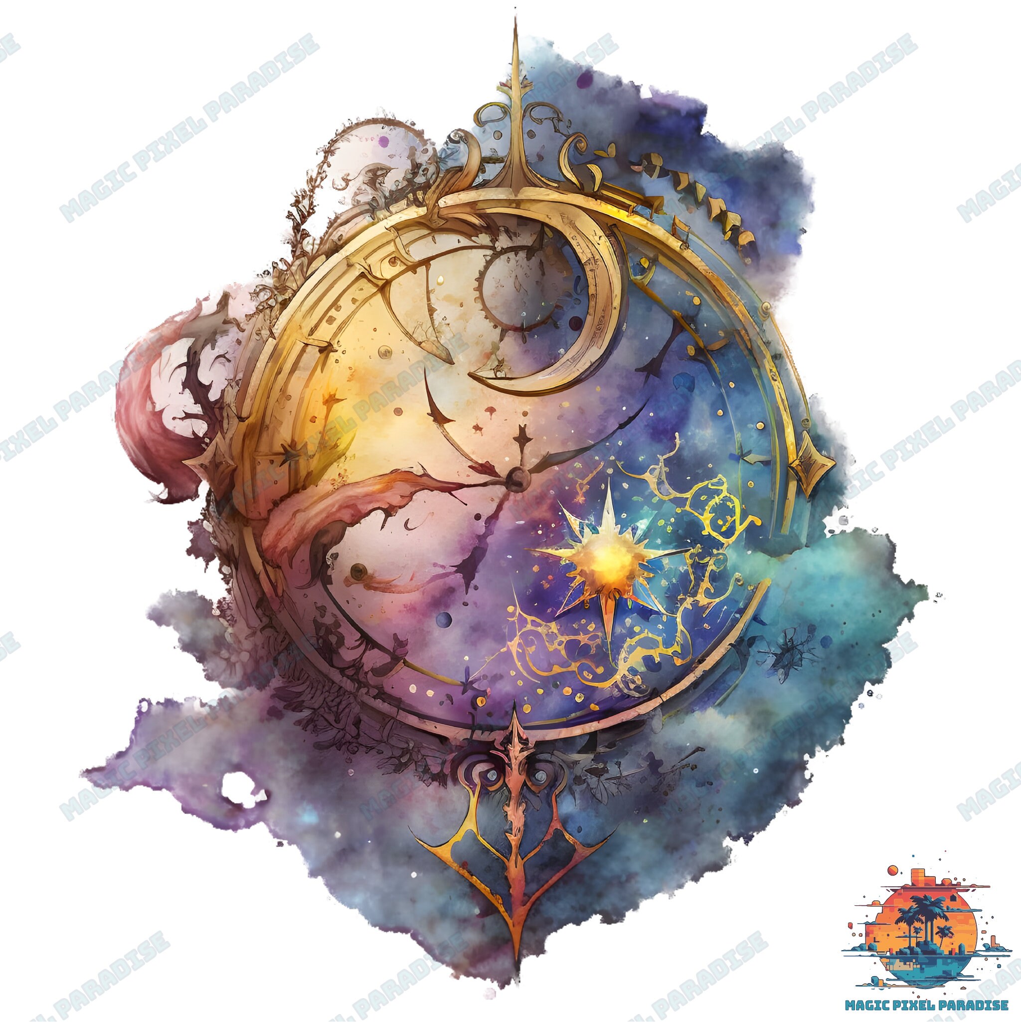 Watercolor Astrolabe Clipart | Fantasy Magic Celestial Watercolor | PNG Format | Instant ...