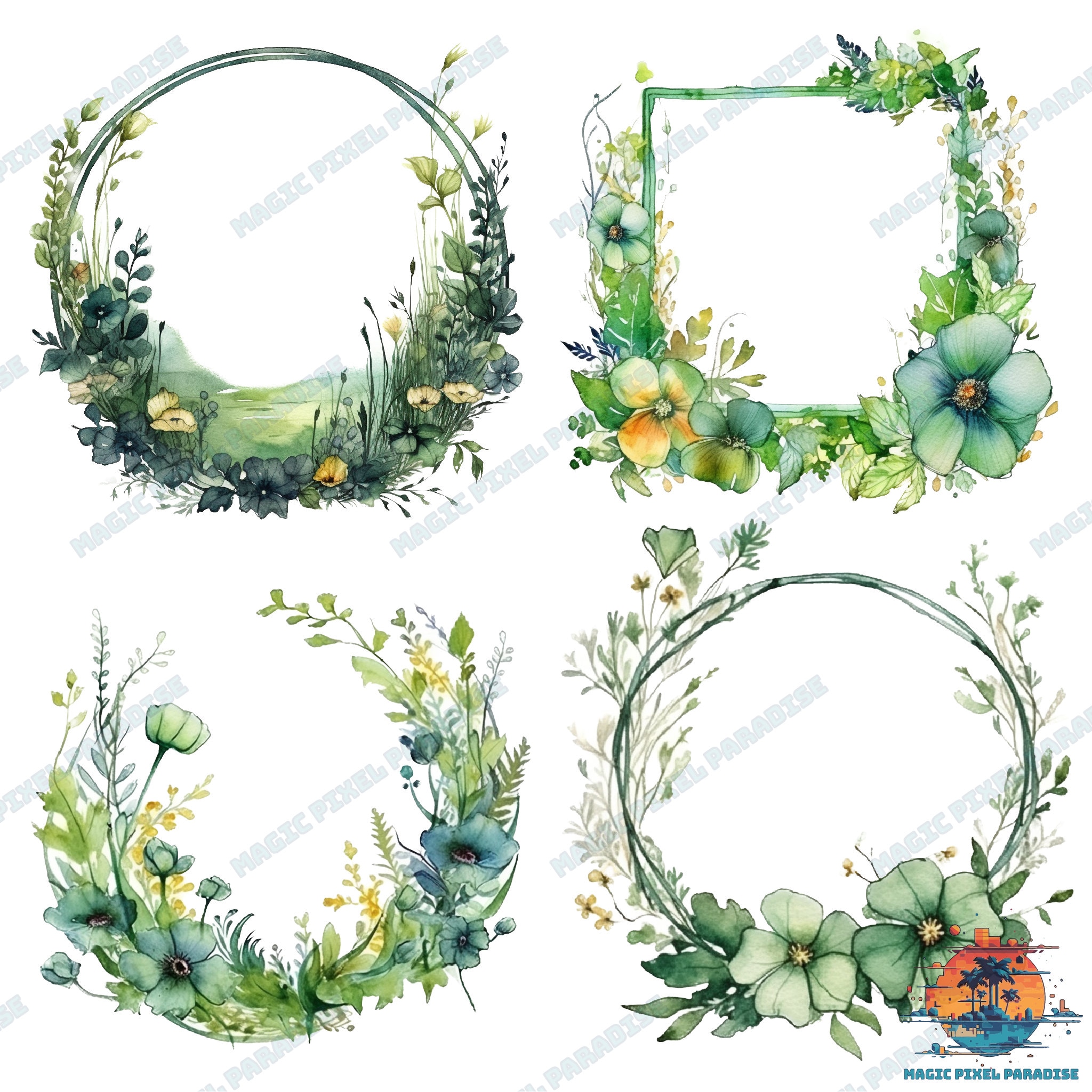 Watercolor Greens Frames Borders 40 Digital Greens Frame Clipart PNG ...