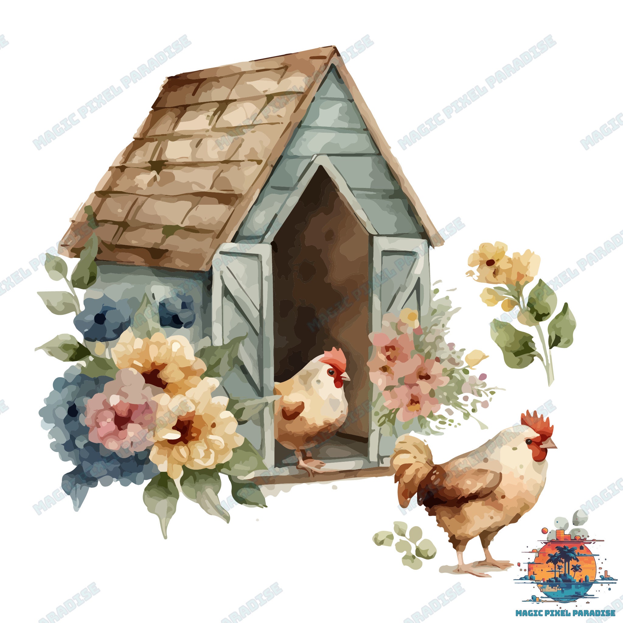 Watercolor Chicken Clipart SVG - Cute Chickens and Chicks, Farm Animal ...