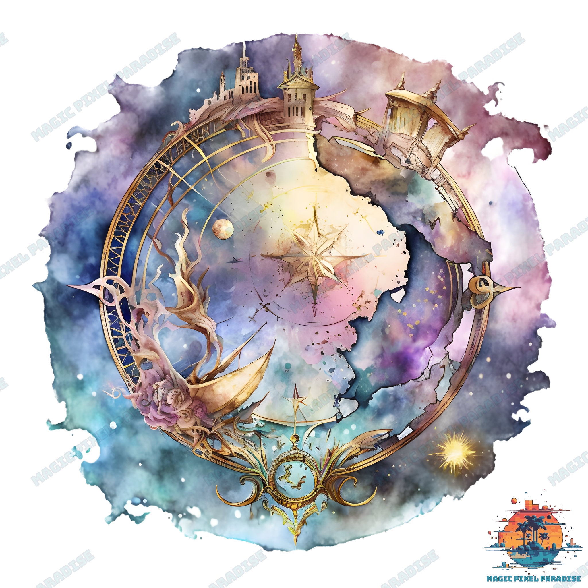Watercolor Astrolabe Clipart | Fantasy Magic Celestial Watercolor | PNG ...
