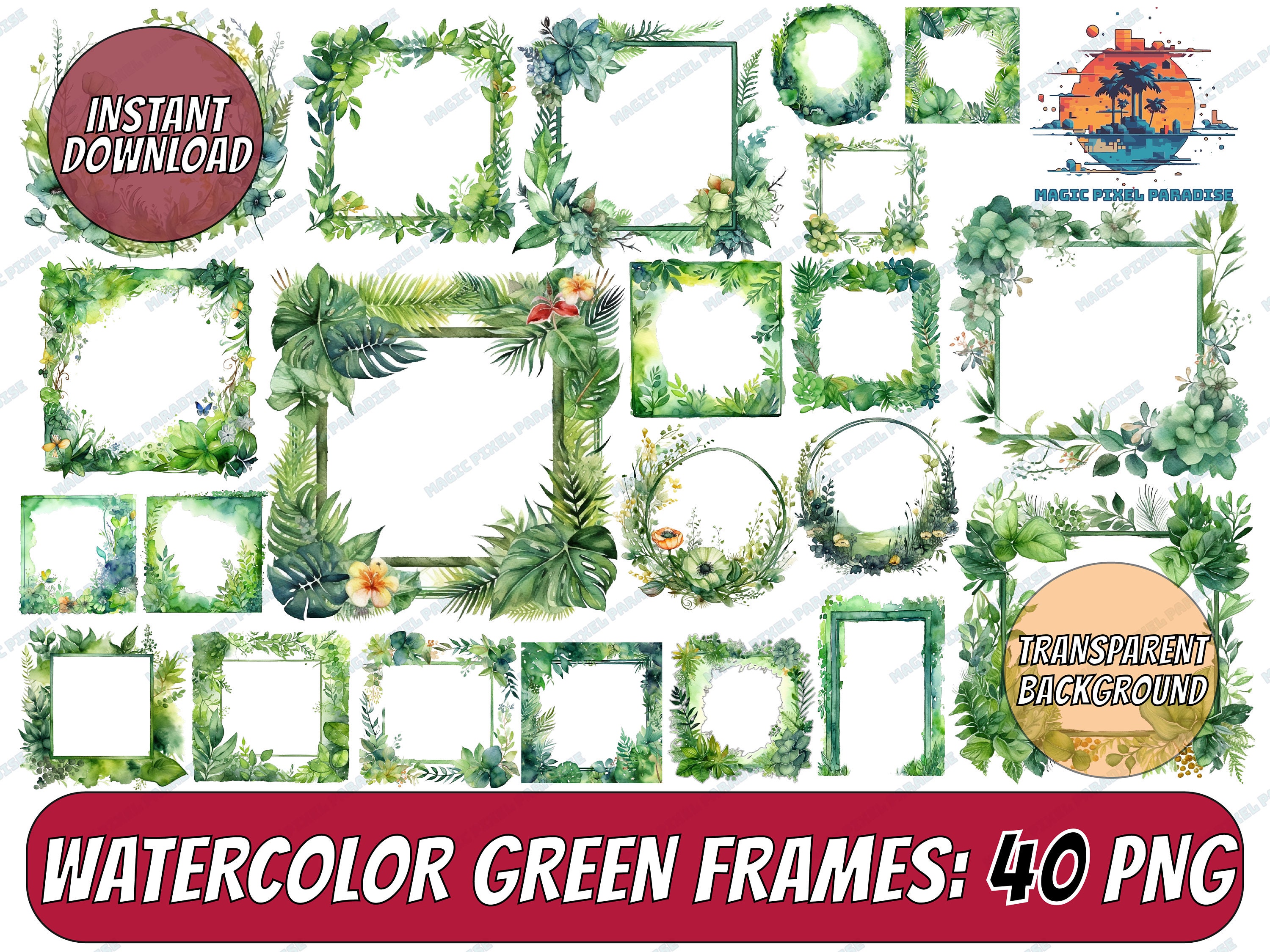 Watercolor Greens Frames Borders | 40 Digital Greens Frame Clipart PNG ...